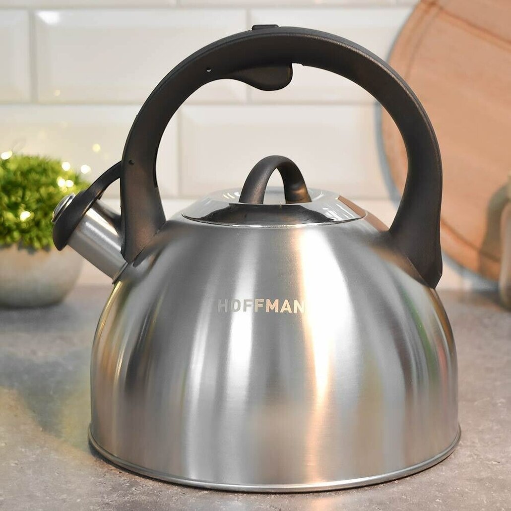 Чайник Hoffmann 3л со свистком, нержавеющая сталь, индукция, черная ручка