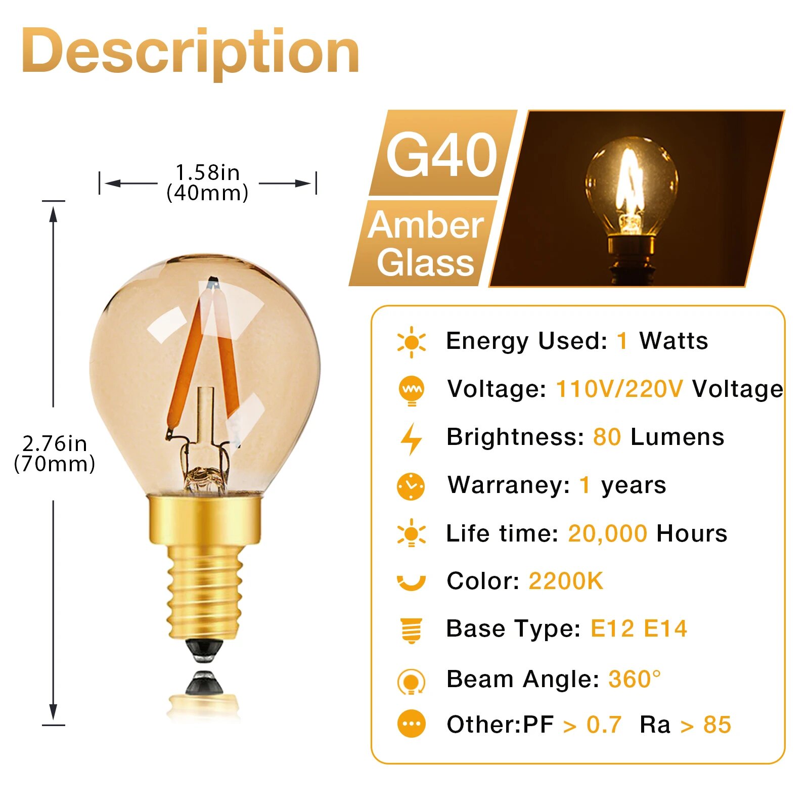GANRILAND Светодиодные лампы G40 теплый белый G40G 1W, E14 220V