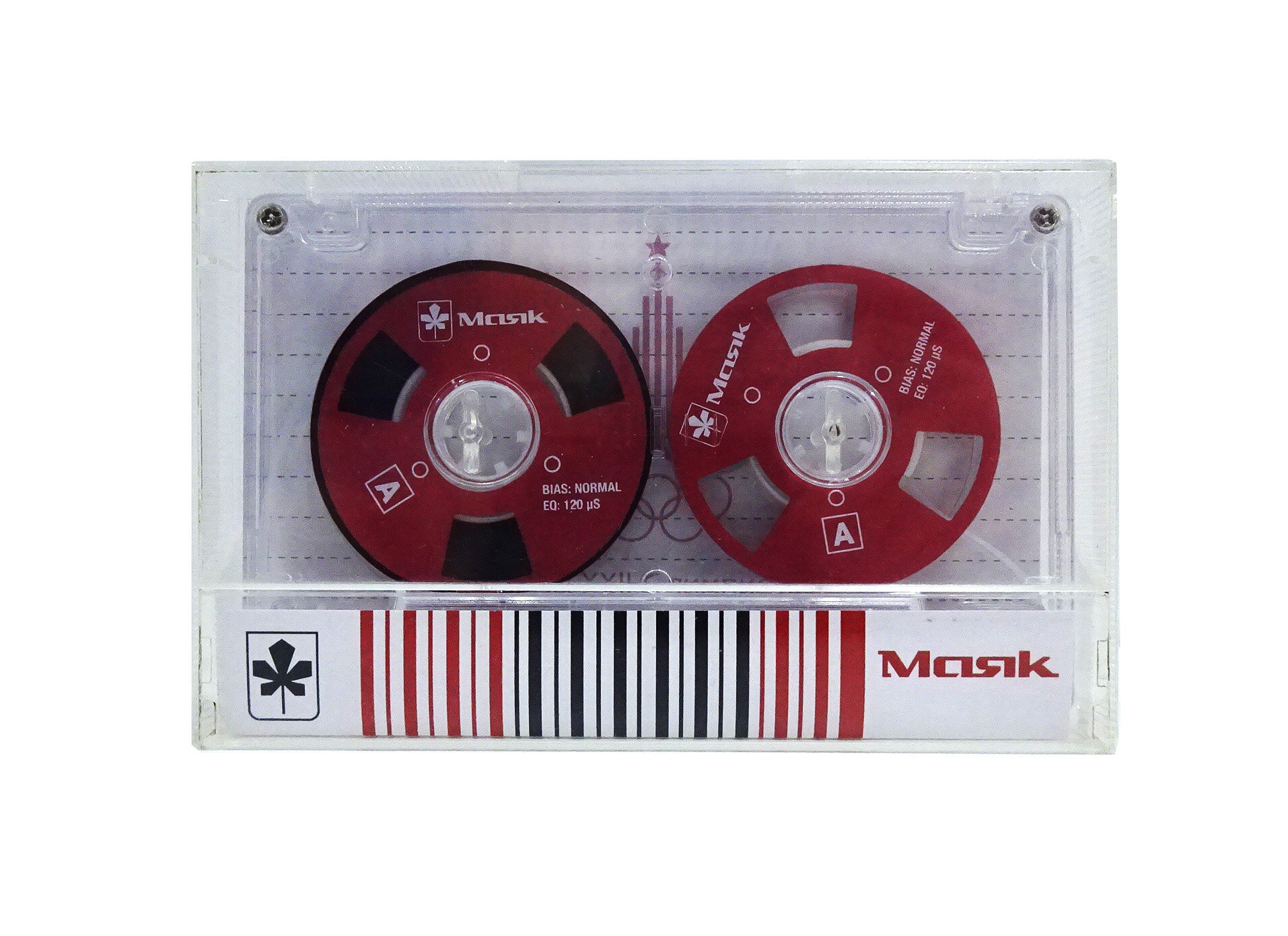 Аудиокассета с боббинками "Маяк" запечатанная новая бордового цвета