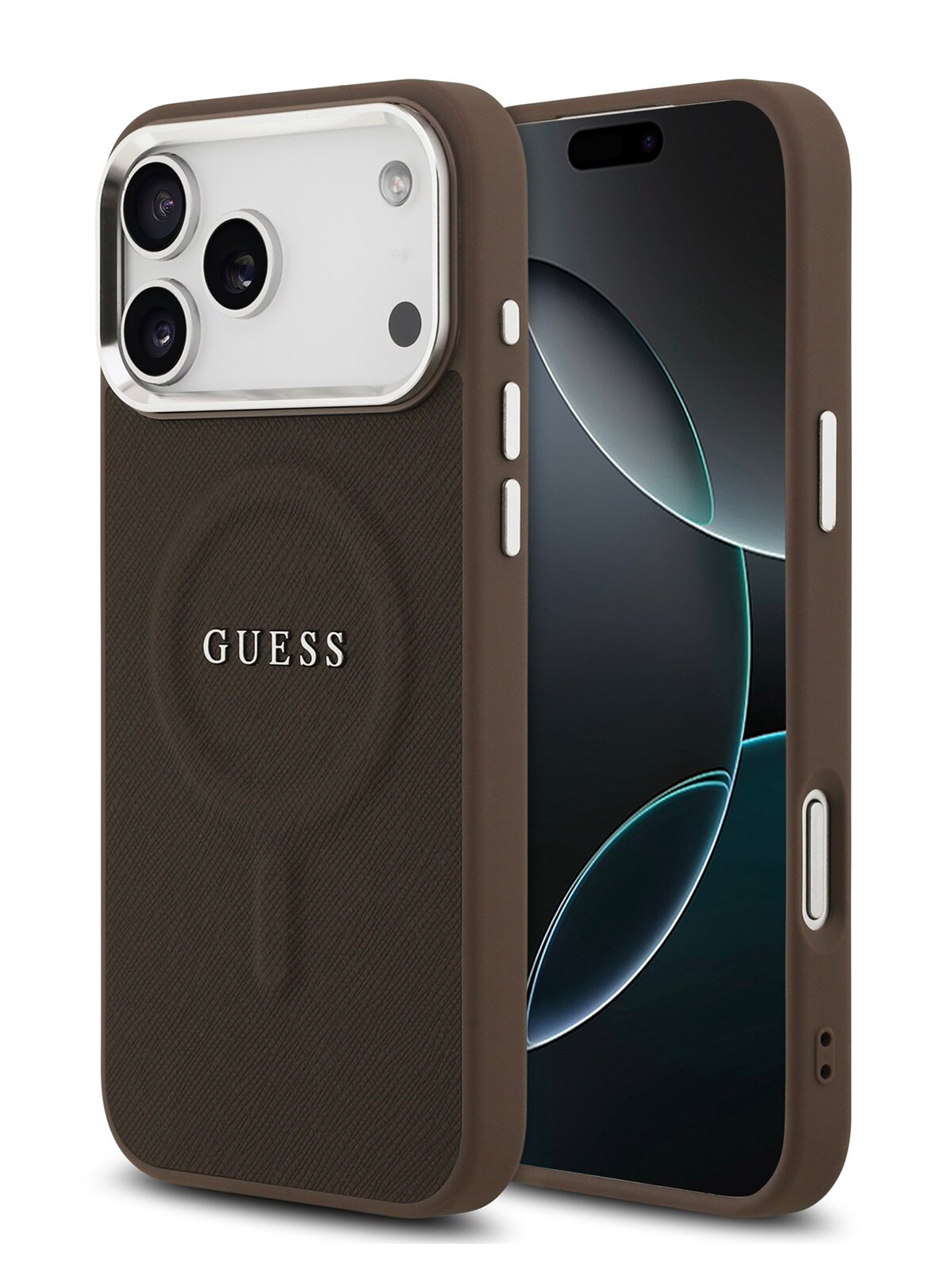 Guess чехол с MagSafe для iPhone 17 Pro, зернистая кожа PU Classic metal logo & Camera, коричневый