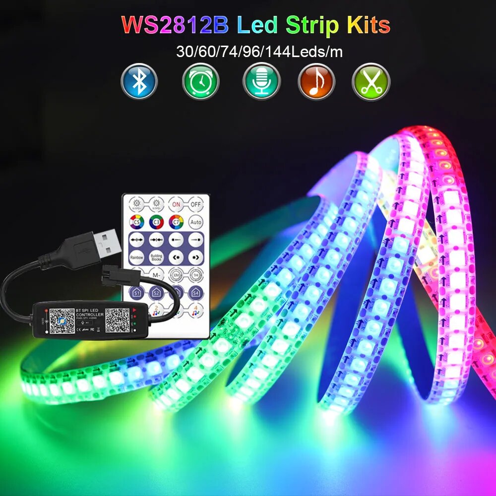 TNALANT Светодиодная лента RGB Bluetooth 30/60/74/96/144LEDs/м Black PCB, IP67 Whaterproof, 3M 144 Kit