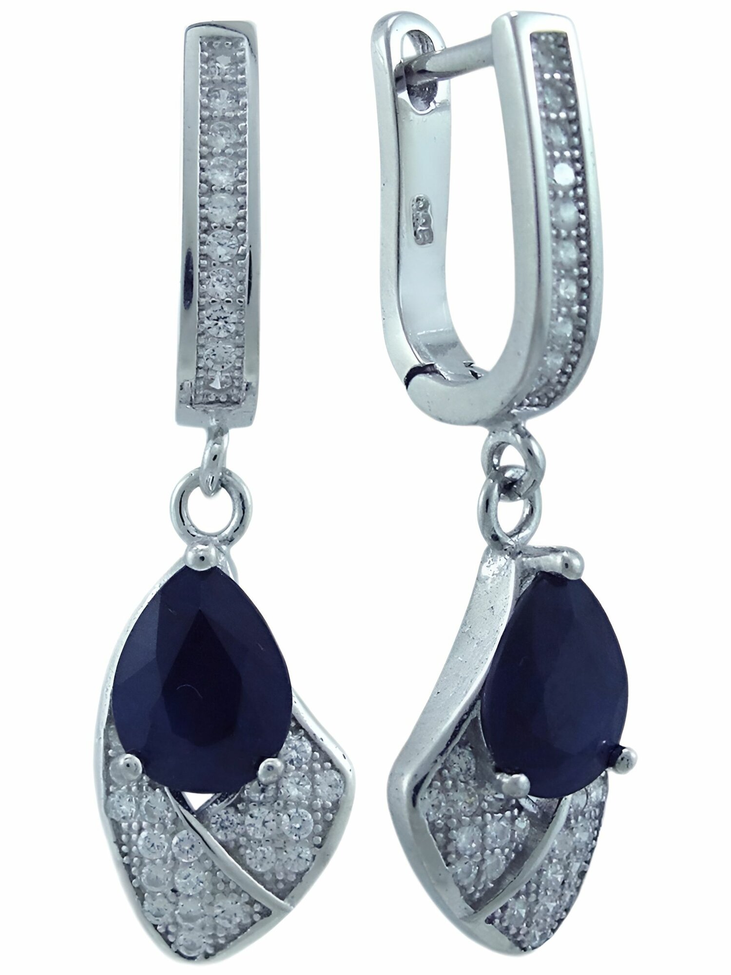 Серьги, серебро, 925 проба, родирование, сапфир, фианит