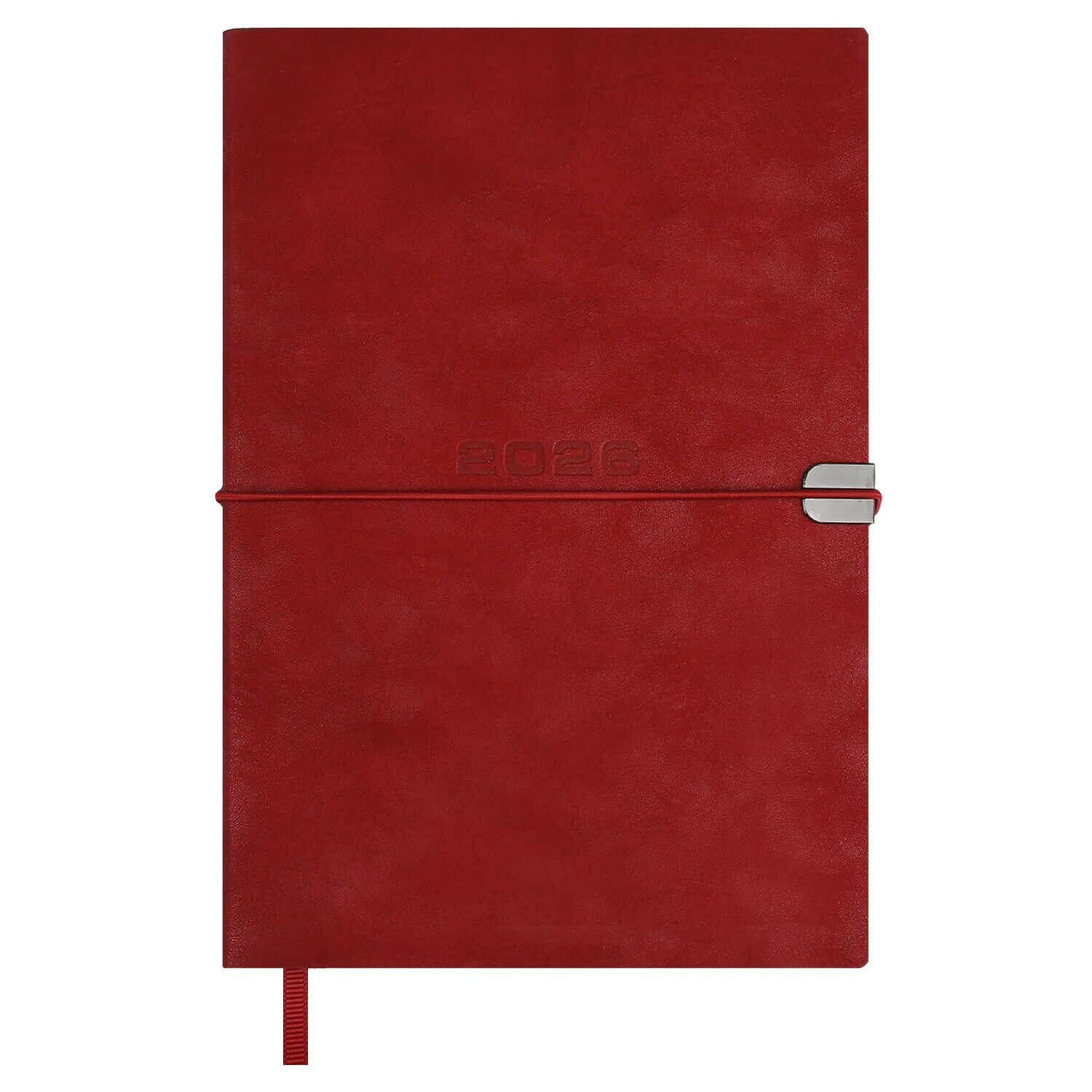 Ежедневник дат. 2026г. А5 176л "Тиволи глосс" красный, кожзам, мягк. переплет, застёжка-резинка, блинт. тиснение, офсет, справ. мат-лы, ляссе, инд. уп
