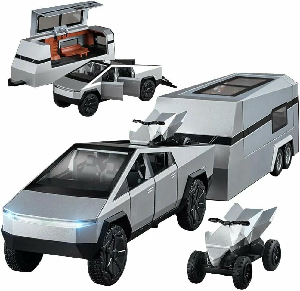 Тесла Машинка металлическая 1:32, Содержит три компонента: пикап Tesla, вездеходный мотоцикл, караваны