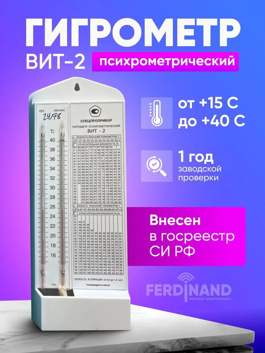 Гигрометр психрометрический Вит-2 с поверкой 15-40 С Термометр BHT-2 для влажной и сухой термообработки(от +15 до +40) / белое