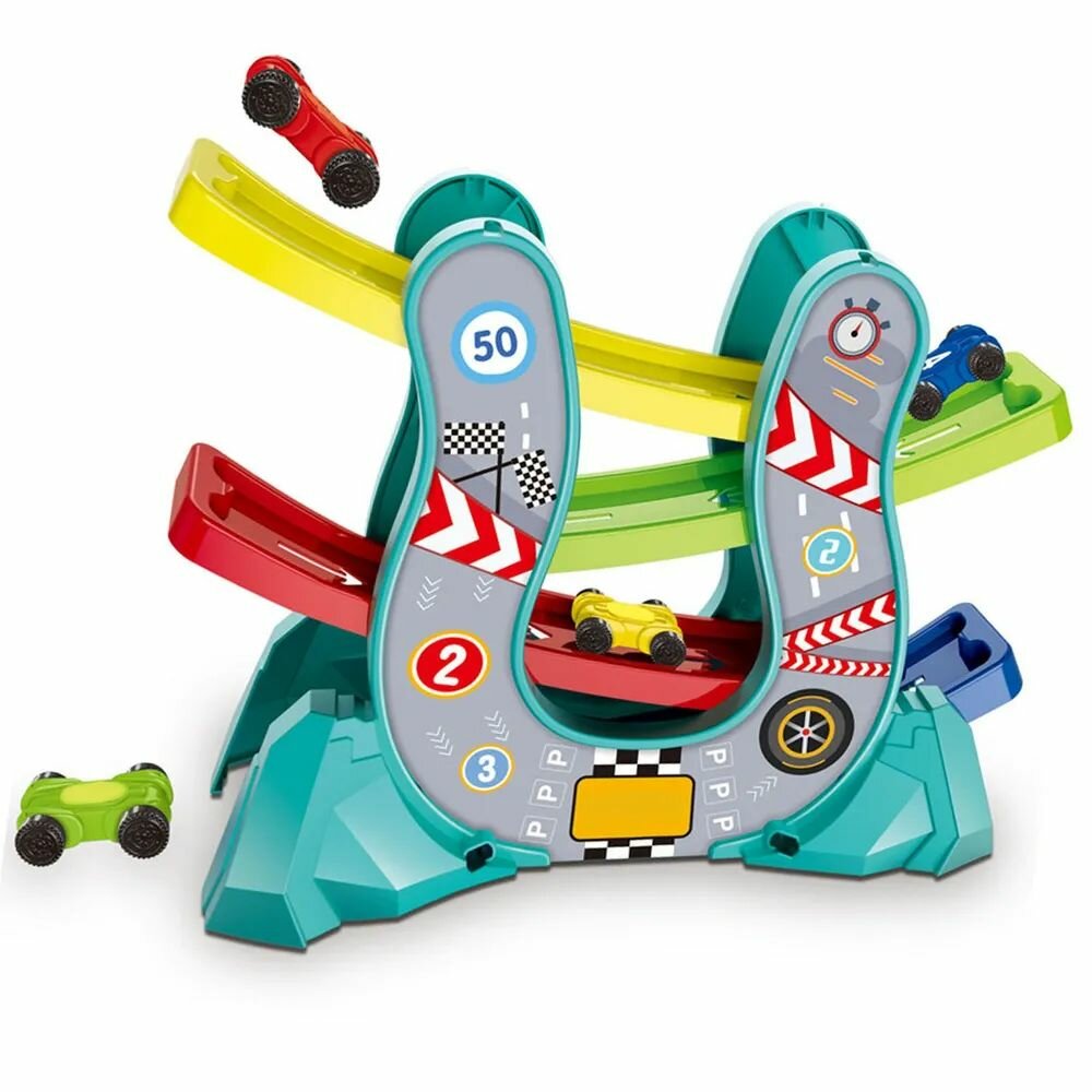 Многоуровневая гоночная трасса Hot Wheels, игровой набор для машинок с треком, трехуровневая конструкция (зеленая)