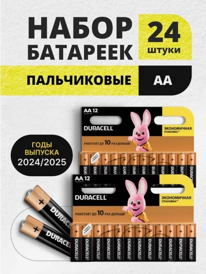 Duracell Батарейка AA, L (щелочной) тип, 2500 мА•ч, 1,6 В, 24 шт щелочные 2500 мАч 1,6 В 24 штуки