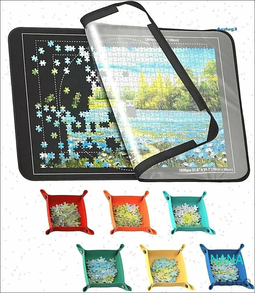 Доска-пазл на 1000 деталей, легко перемещать и хранить (1 прозрачная крышка, 6 лотков для сортировки головоломок) - черный