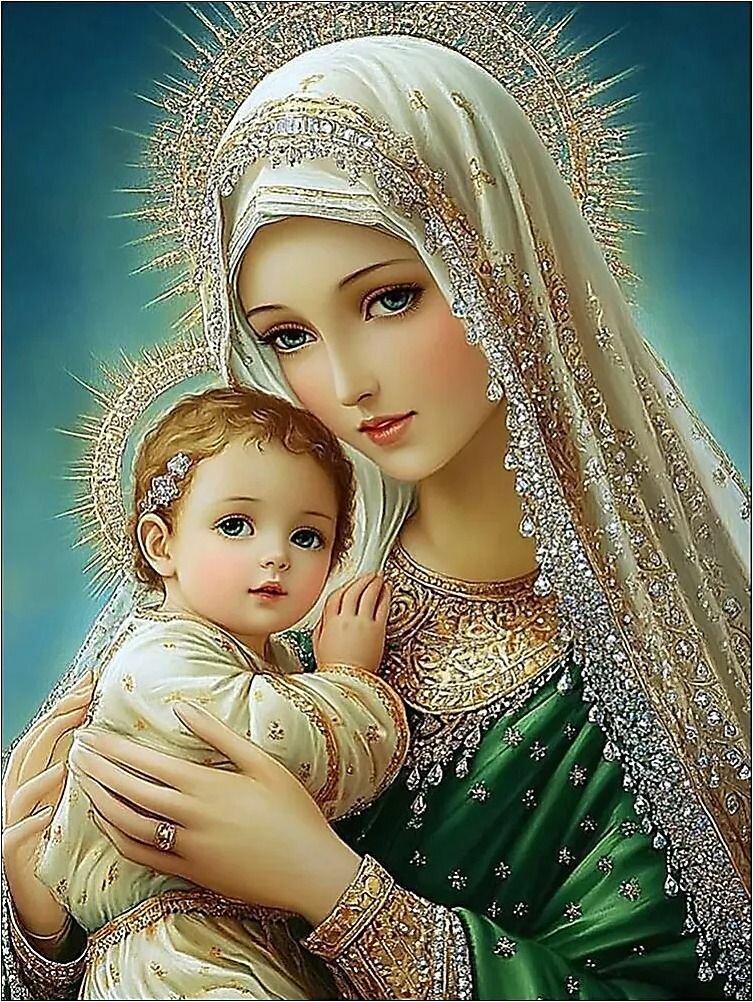 Алмазная картина Богородица с Младенцем православная икона золотые узоры 30 на 40 см