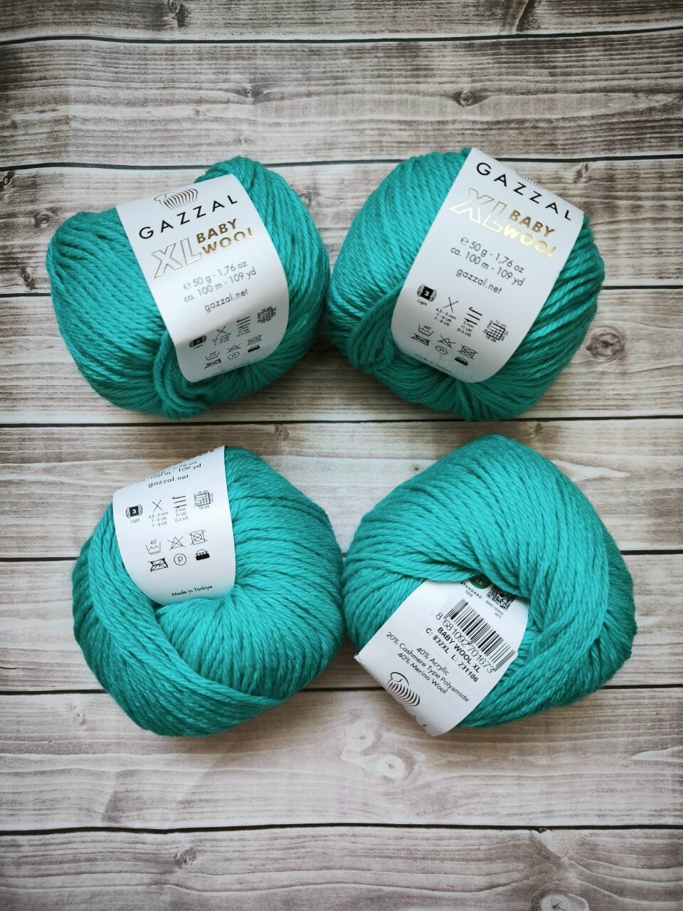 Пряжа Gazzal Baby wool XL, цвет 832 xl св изумруд, набор 4 мотка, вес мотка 50 гр, длина нити 100 м