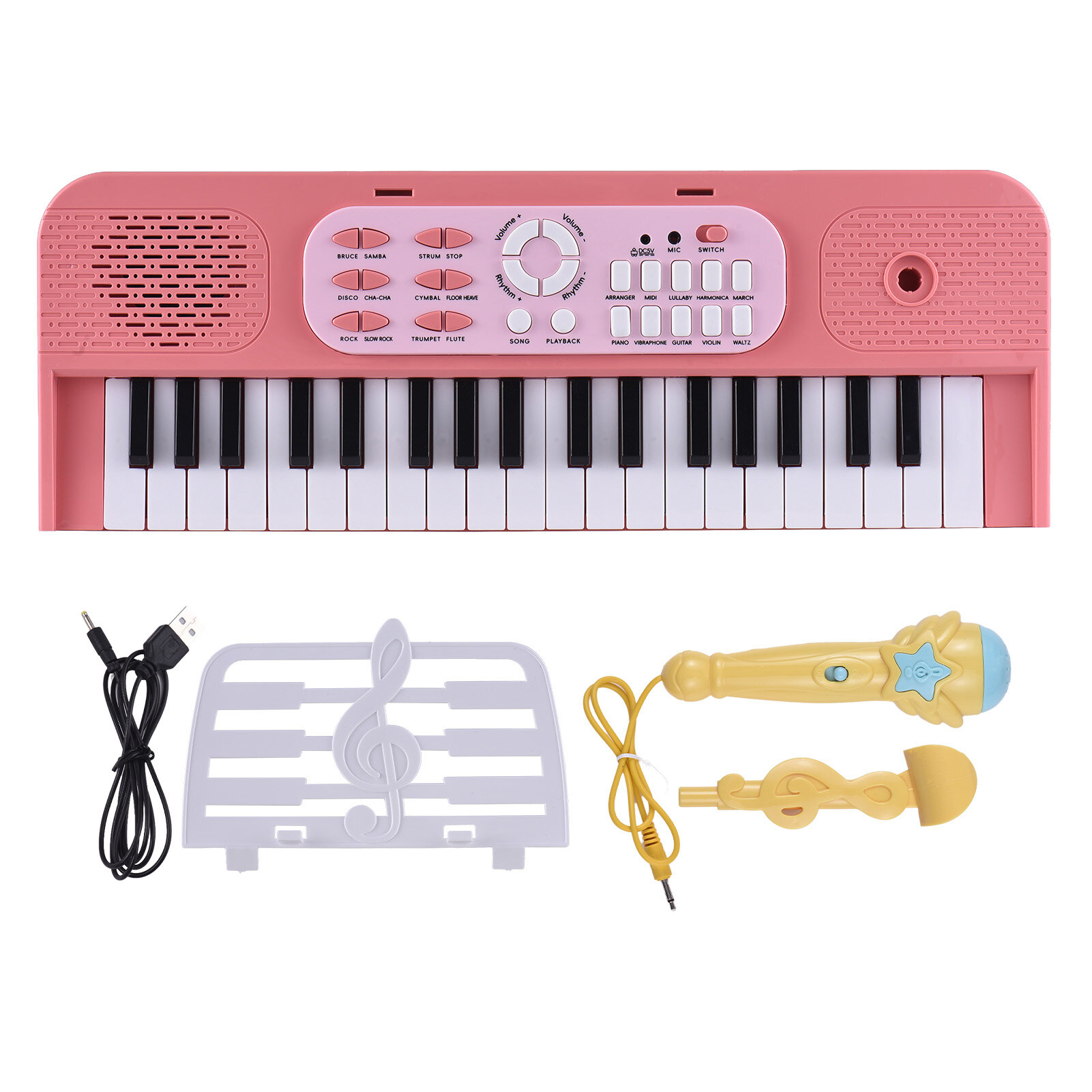 Электронное пианино с 37 клавишами, 7 тембрами, 8 группами ударных, 24 демо-записями, одним динамиком, музыкальным инструментом с нотной записью, подставкой/микрофоном, двумя режимами питания, портативное, подходит для начинающих.