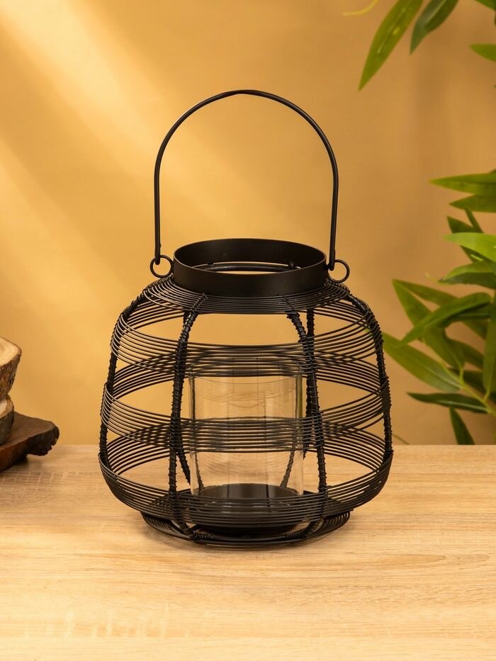 Подсвечник фонарь со стеклянной колбой, 19 19 18 см, d 7.5 см, металл, чёрный