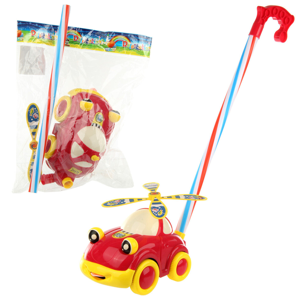 Каталка Veld Co "Машинка с вертушкой" 129823, полимер, на палочке, звук, цвет желто-красный