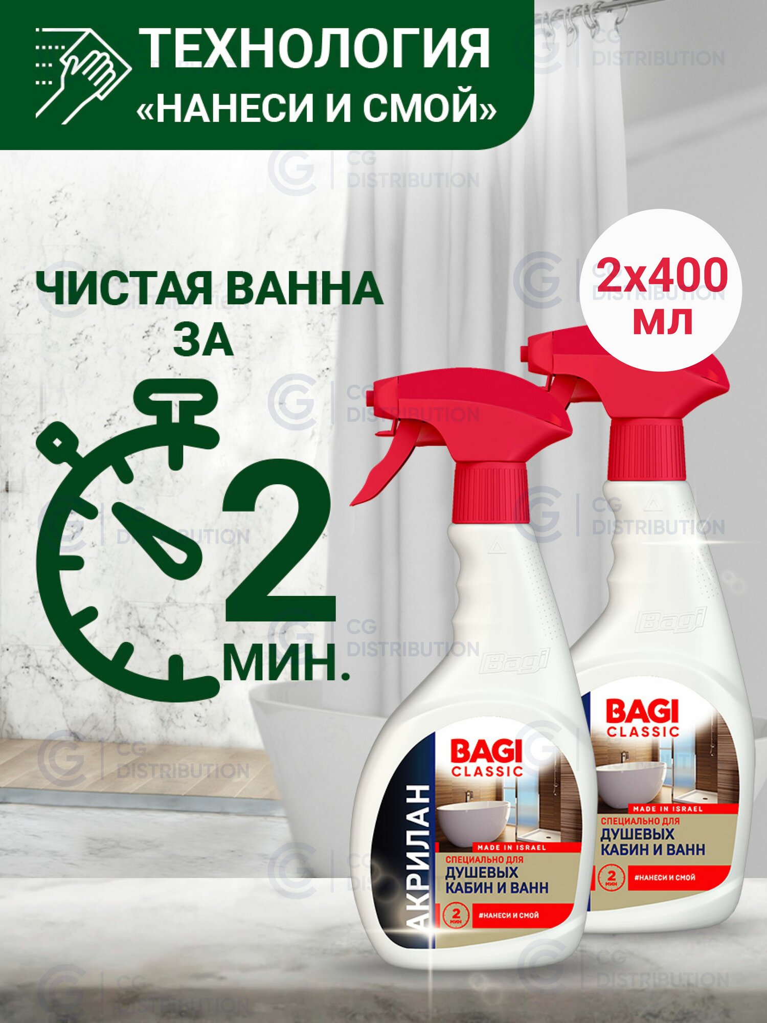 Акрилан деликатная чистка ванной Classic. Средство от известкового налета (антиналет) и ржавчины для акриловых ванн, душевых кабин, 400 мл - 2 шт