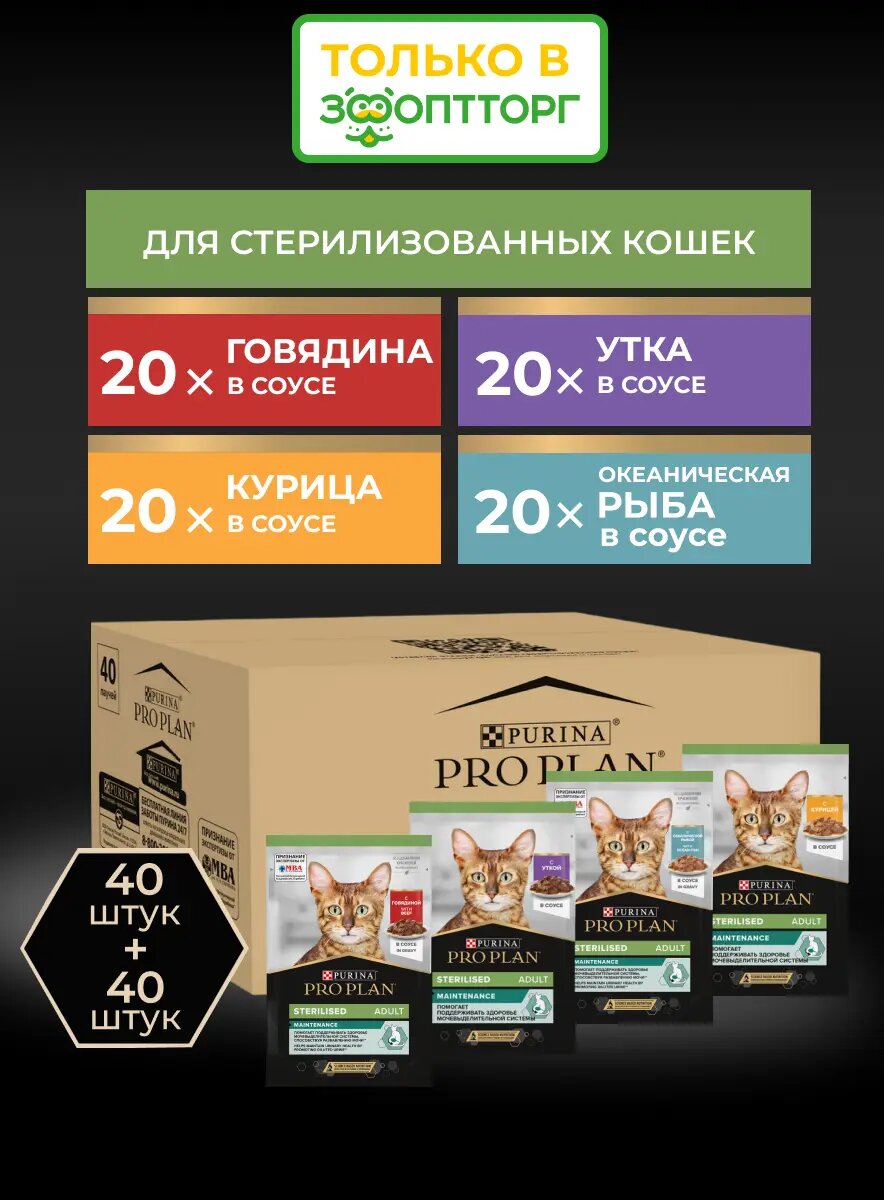 Pro Plan Nutrisavour Sterilised набор паучей для стерилизованных кошек и котов (кусочки в соусе) 85 г. х 80 шт
