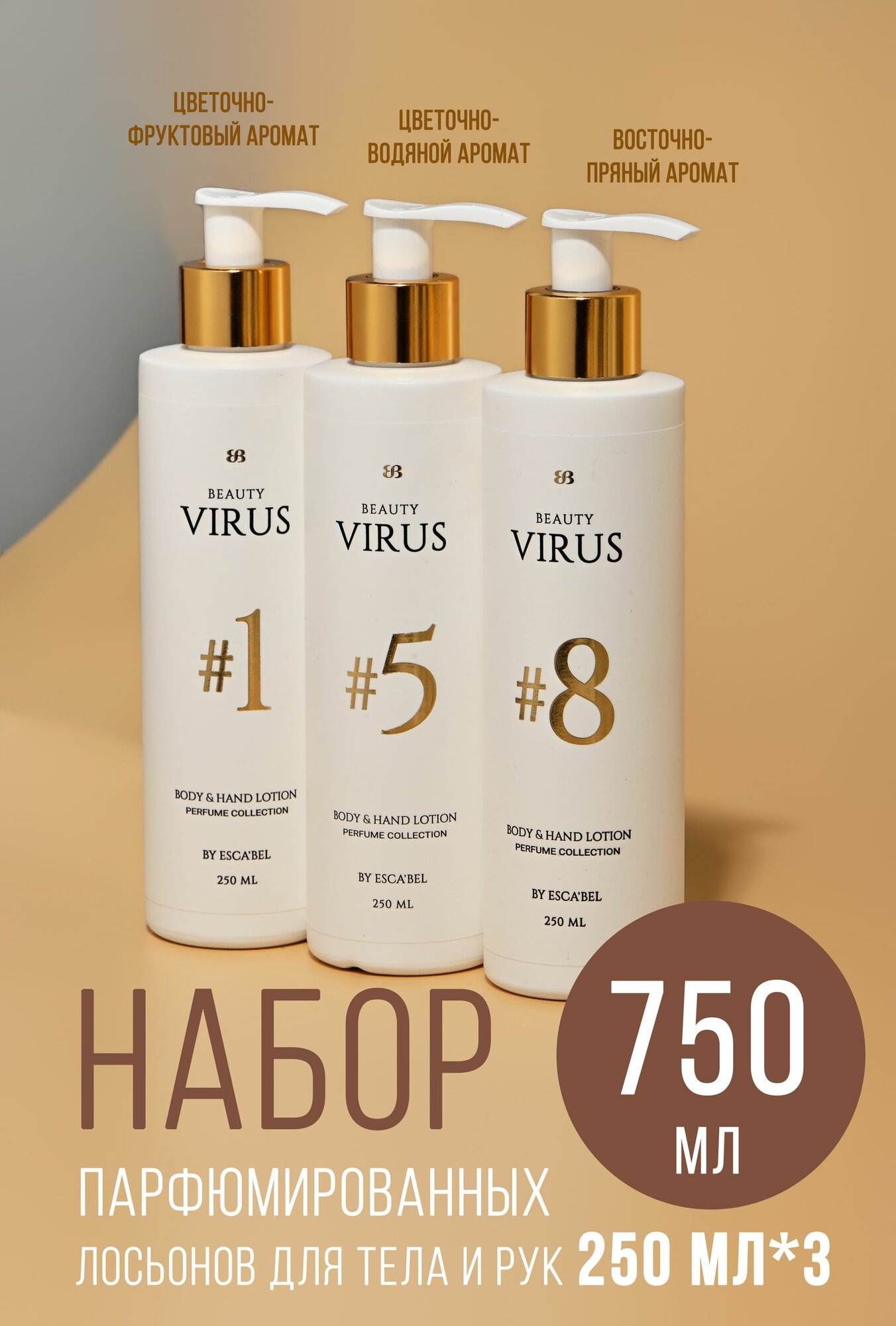 Подарочный набор увлажняющих парфюмированных лосьонов для тела BEAUTY VIRUS (Ароматы #1, #5, #8)