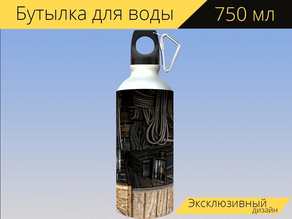 Бутылка фляга для воды "Деревянные бочонки, коробки, веревки" 750 мл. с карабином и принтом