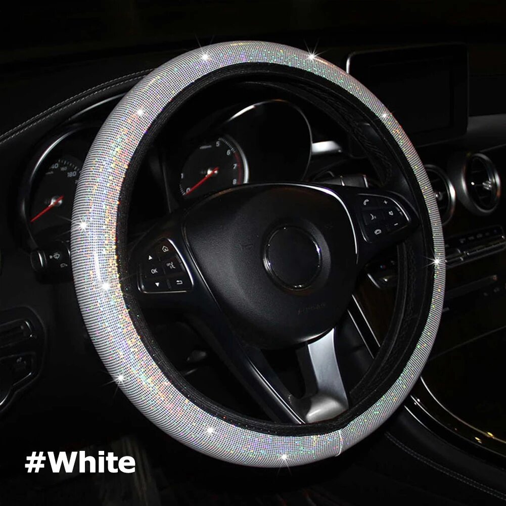 Автомобильный чехол на руль со стразами и кристаллами и бриллиантами, сверкающая защита руля для внедорожника автомобиля, подходит для автомобиля 14,5-15 дюймов Style B White