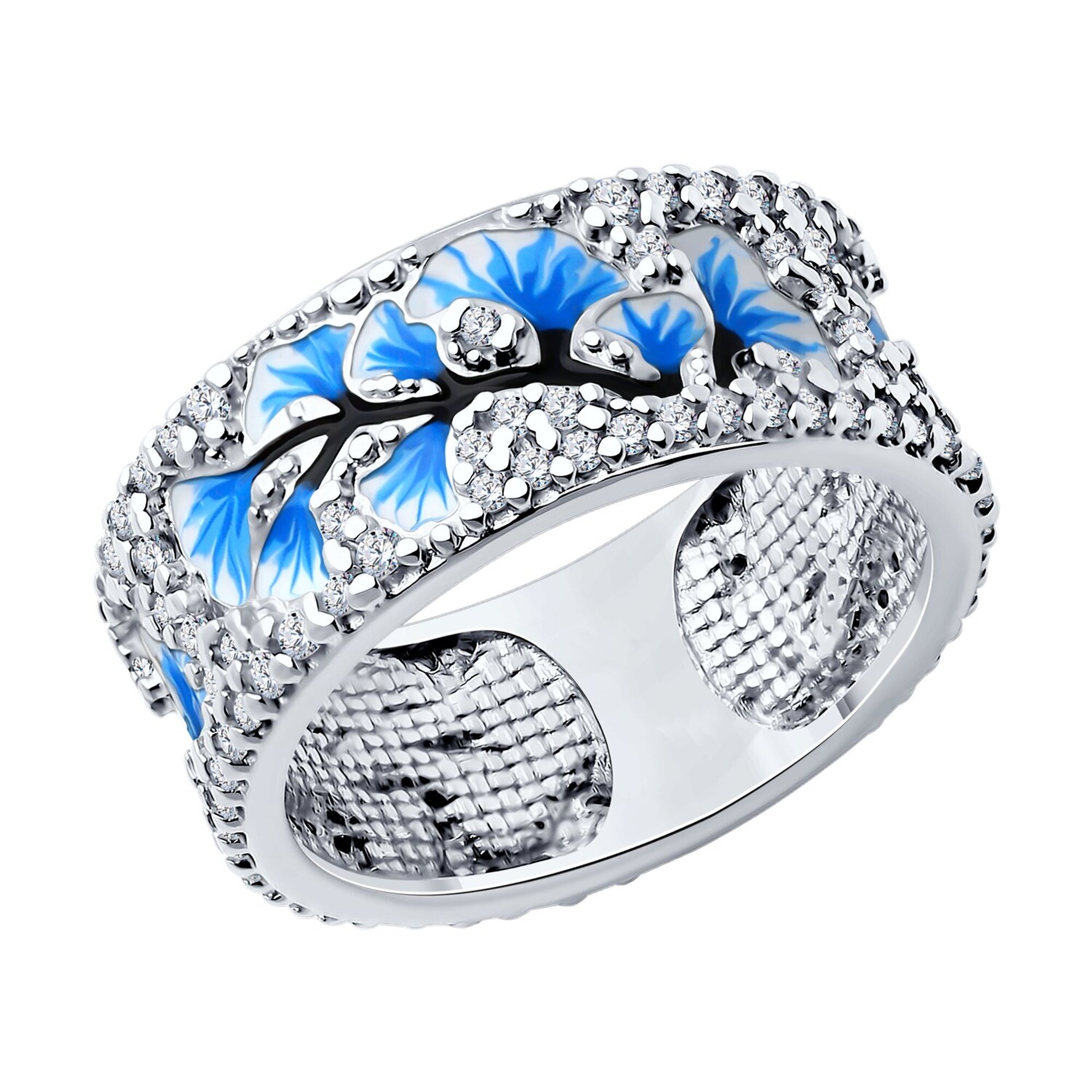 Кольцо, серебро, 925 проба, родирование, фианит, эмаль