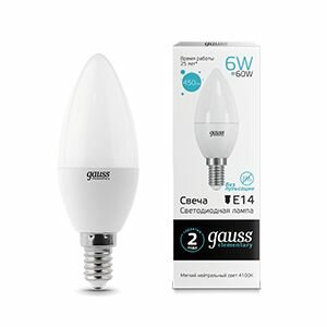 20шт. Gauss Лампа Elementary Свеча 6W 450lm 4100K Е14 LED , 33126