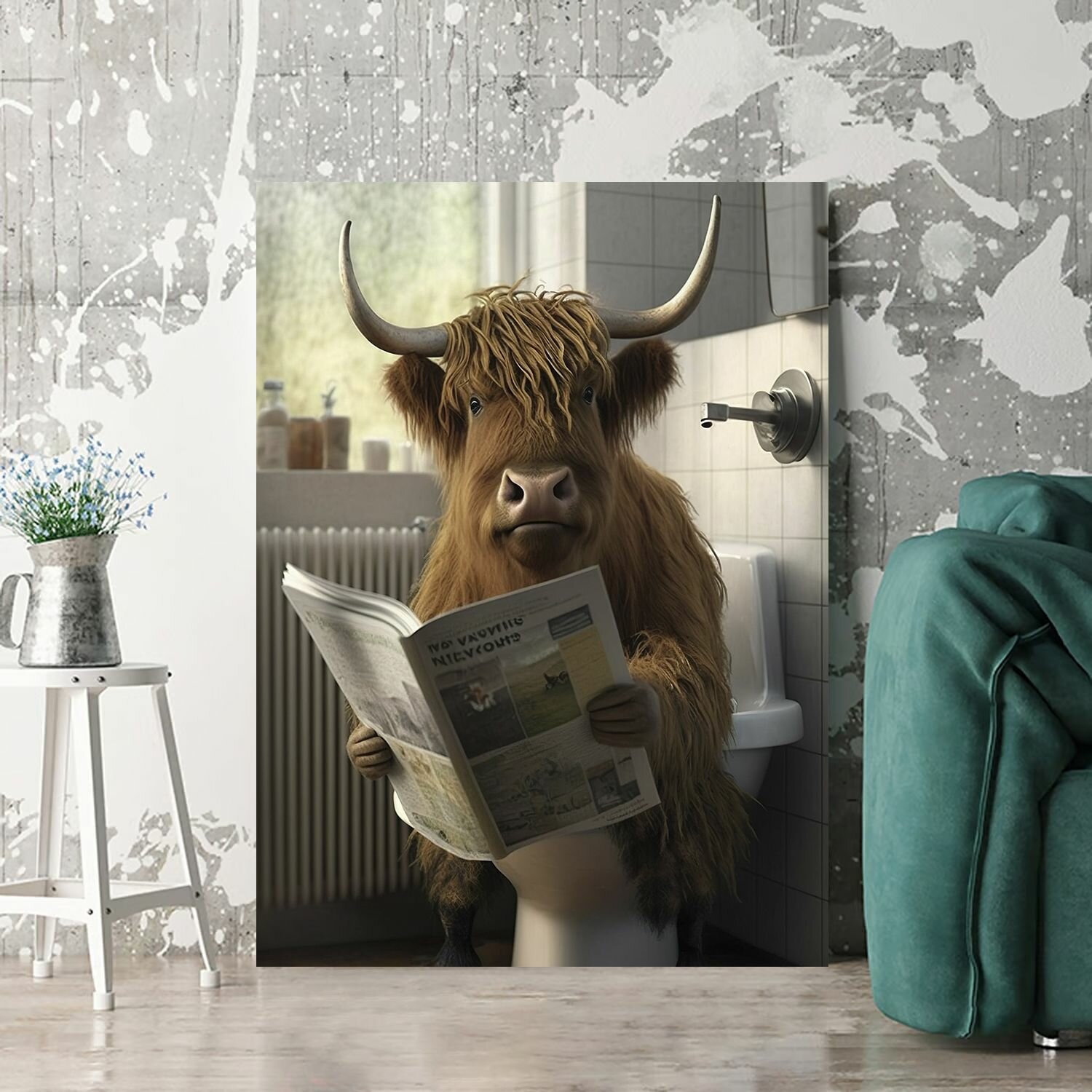 Картина в туалет, ванную комнату Бык читает, 20х30 см.