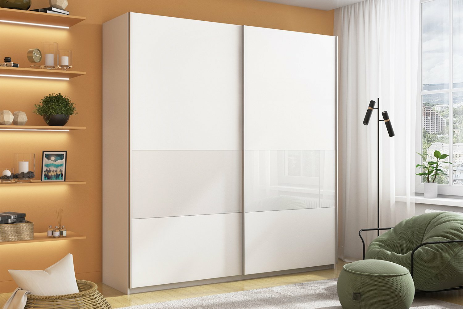 Шкаф-купе Прайм 2-x дв 160 x 230 x 57 ДСП/СтеклоБел. Белый снег с доводчиками