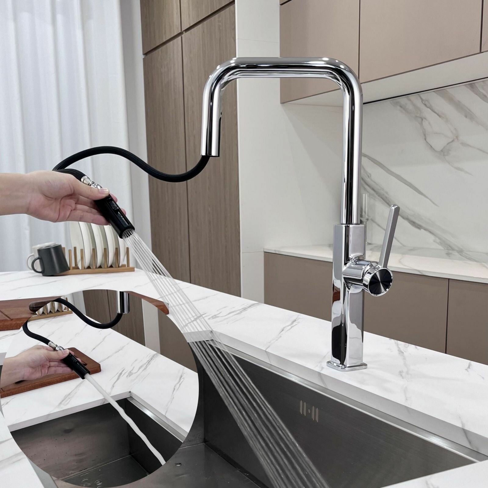 Смеситель для кухни с гибким выдвижным изливом, LED-дисплей температуры 2 Функции, Хром