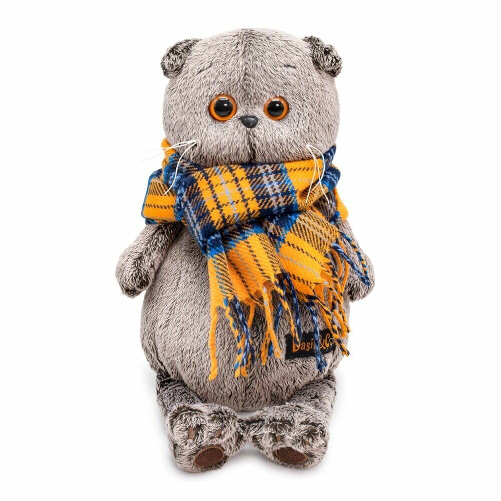 Мягкая игрушка Basik&Сo Кот Басик и шарф в клеточку, 22 см (Ks22-002)