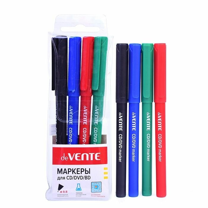 Маркеры deVENTE Для компакт-дисков, 4 цвета, синий, черный, красный, зеленый, круглый корпус, с эргономичным гриппом