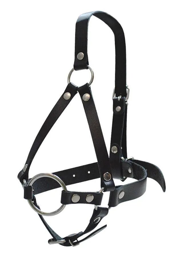 Кляп-рамка со сбруей на голову из черных кожаных ремешков, кожа