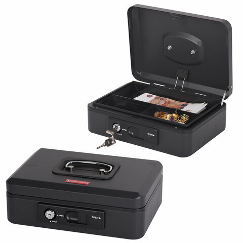 Ящик для денег, ценностей, документов, печатей, 90х180х250 мм, ключевой замок и автолок, черный, BRAUBERG, 291353