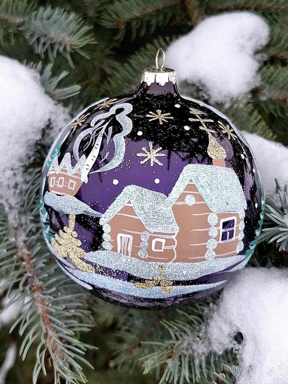 Ёлочный шар ручной работы "Зимняя сказка", стекло, 11 см. Новогодние игрушки на елку, елочное украшение, ручная роспись.