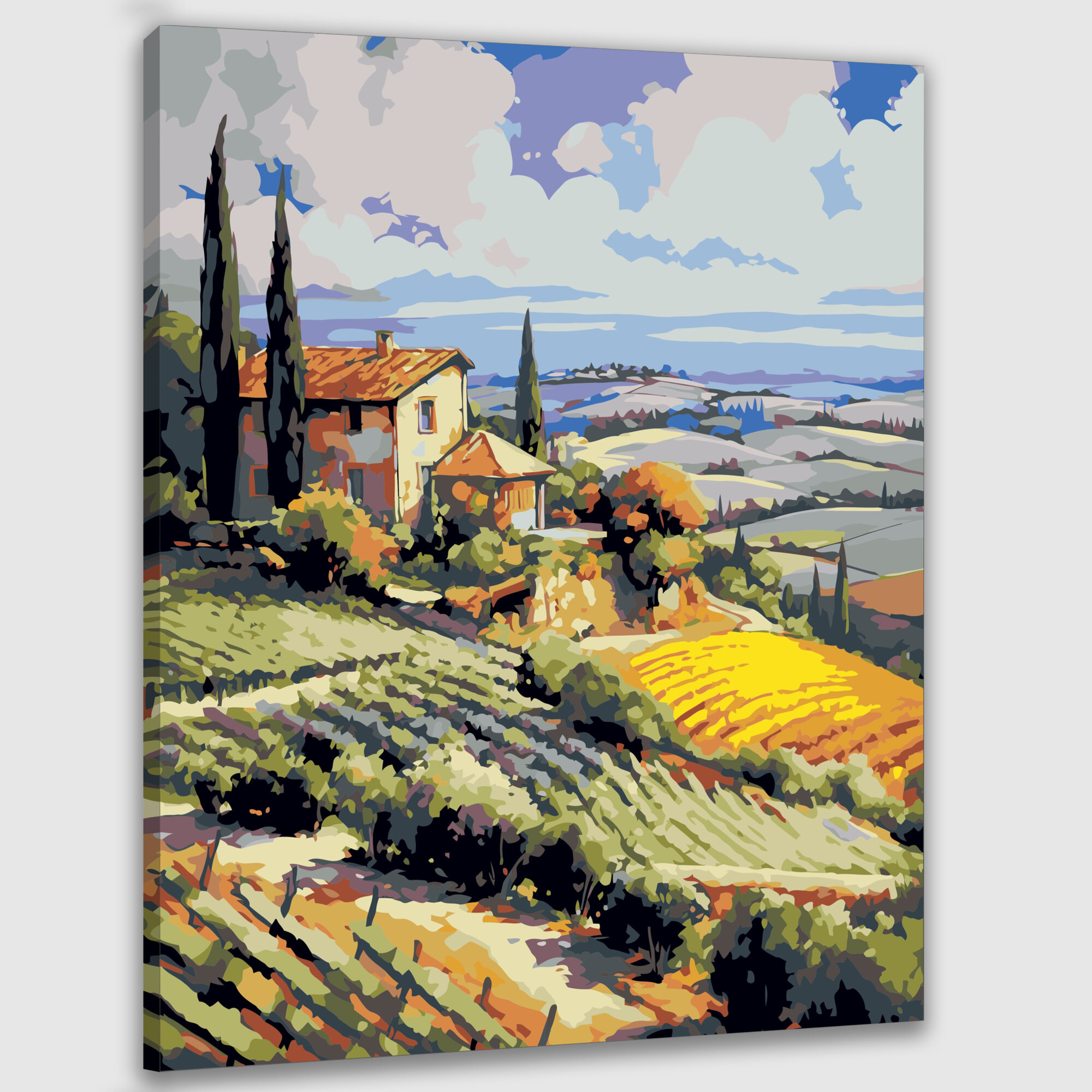 Картина по номерам 40x50 см, пейзаж, итальянский Ренессанс, Тоскана, холмы, виноградники, зелень, фермерские дома