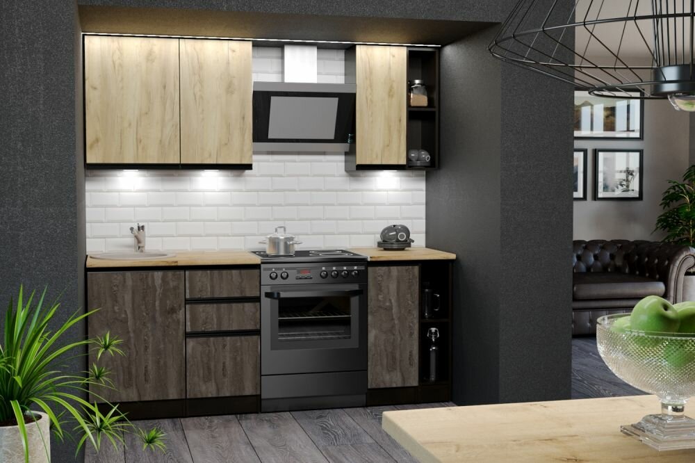 Кухонный гарнитур Адажио медиум 1400, Цвет Дуб Золотой/Бетон темный, ширина 140 см, с навесными шкафами, с выдвижными ящиками, с тумбой под мойку, с полками