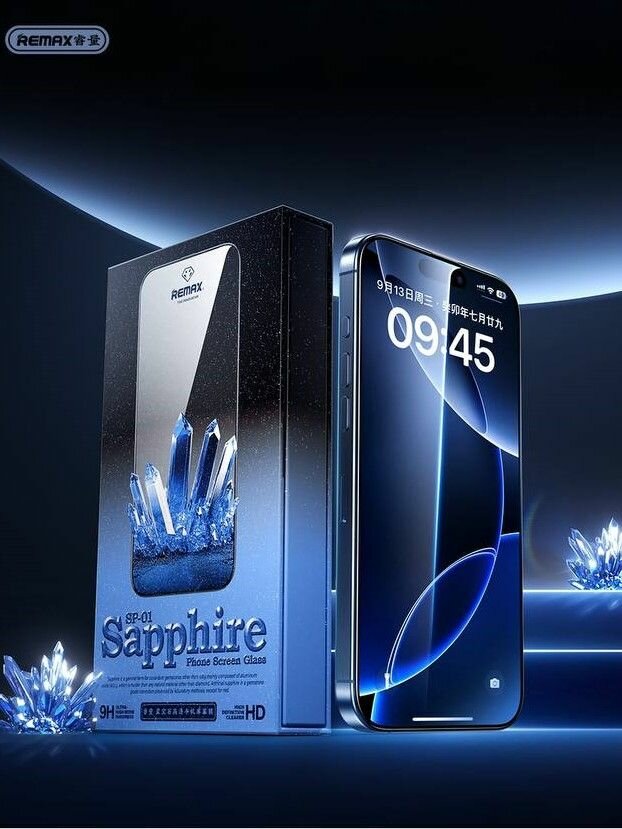 Сапфировое Защитное стекло REMAX SP-01 для телефона IPHONE 16 PRO / IPHONE 17, "Вечное" стекло на айфон, противоударное, усиленное, самоклеющееся, черная рамка, на весь экран