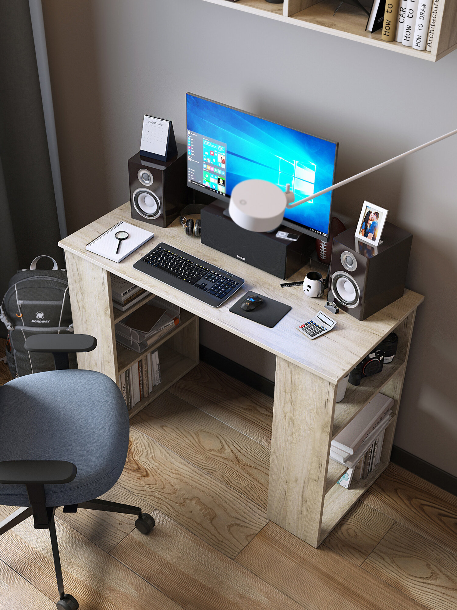 Стол письменный Vif "Верона" дуб крафт серый с полками, 1100х500х750 мм.