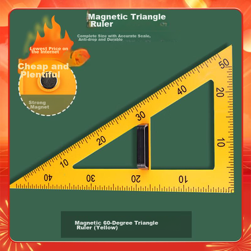 BOJIAO Magnetic Large Triangle Ruler Set, Teacher's Teaching Tool, Plastic Large Triangle Ruler, Protractor, Compass, Math Teaching Aid, Magnetic 60-Degree Triangle Ruler (Yellow)