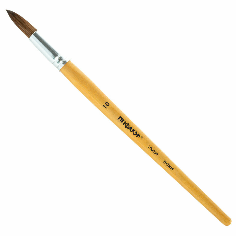 Кисть пифагор, пони, круглая, № 10, деревянная лакированная ручка, колпачок, пакет с подвесом, 200839, 200839