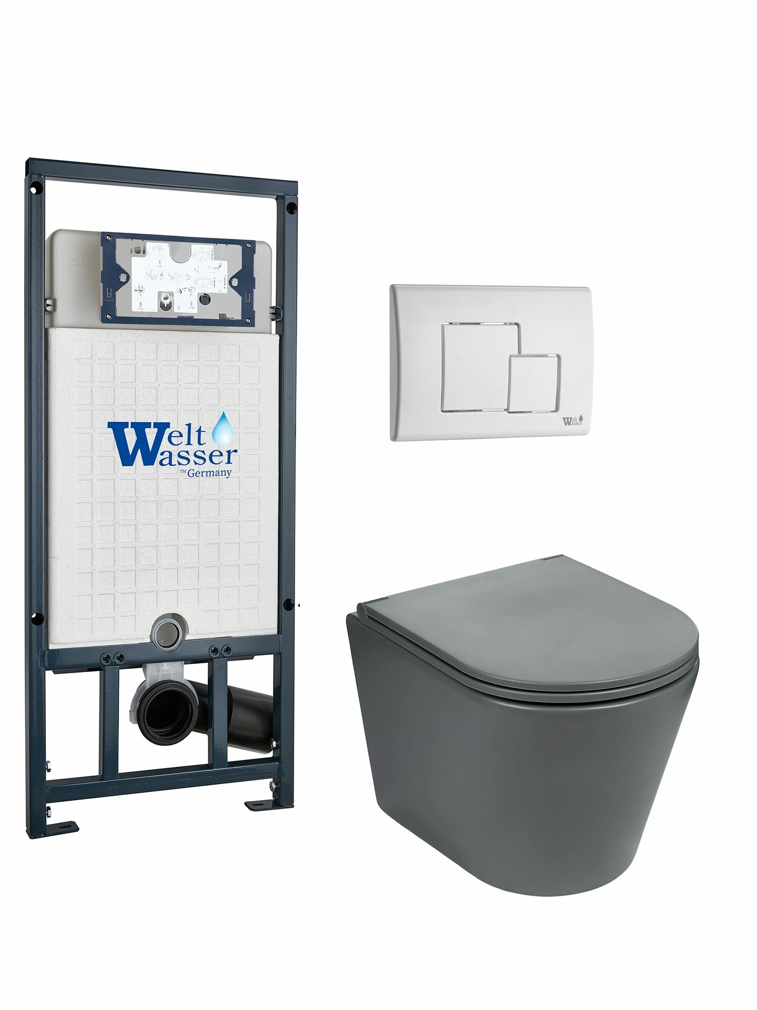 Комплект 6 в 1 WeltWasser: подвесной унитаз SALZBACH 043 MT-GR серый+кнопка смыва MAR 507 SE GL-WT белый+инсталляция MARBERG 507