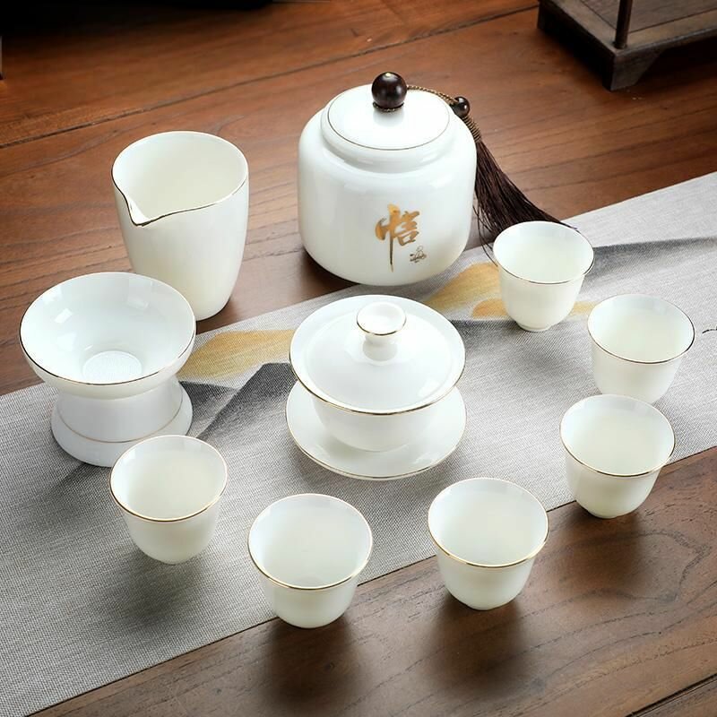 Китайский высококачественный белый фарфоровый чайный сервиз из бараньего жира и нефрита с крышкой для домашнего обихода, чаша для гостиной