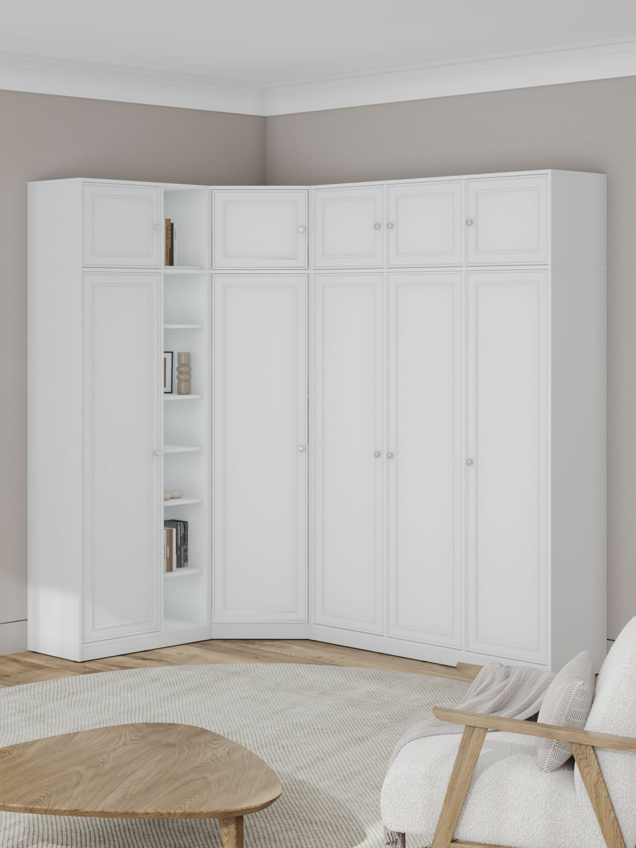 Гостиная комплект Люсиль, угловая, со шкафами, с антресолями, 301.1х75.5х221.8 см, Белый арктик