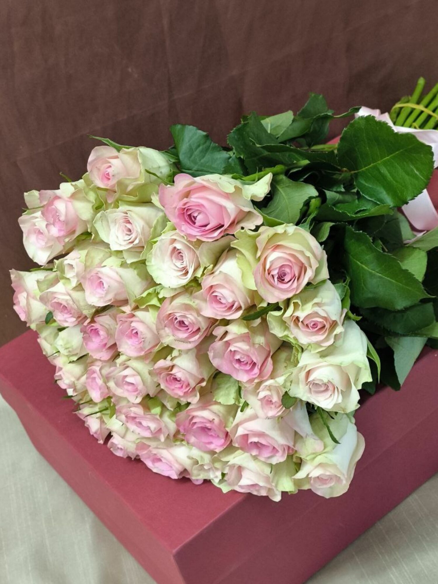 Букет живых цветов из Бело-Розовых Роз 35 шт. высота 42 см. SIMFONI FLOWERS