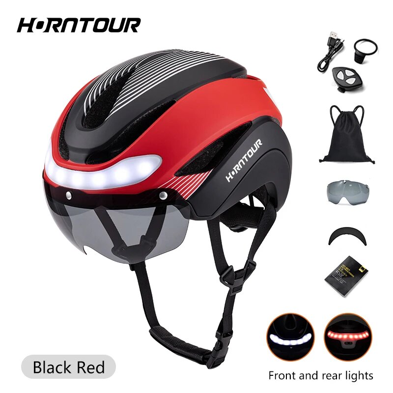 Horntour шоссейный велосипедный шлем с подсветкой Красный, Black Red