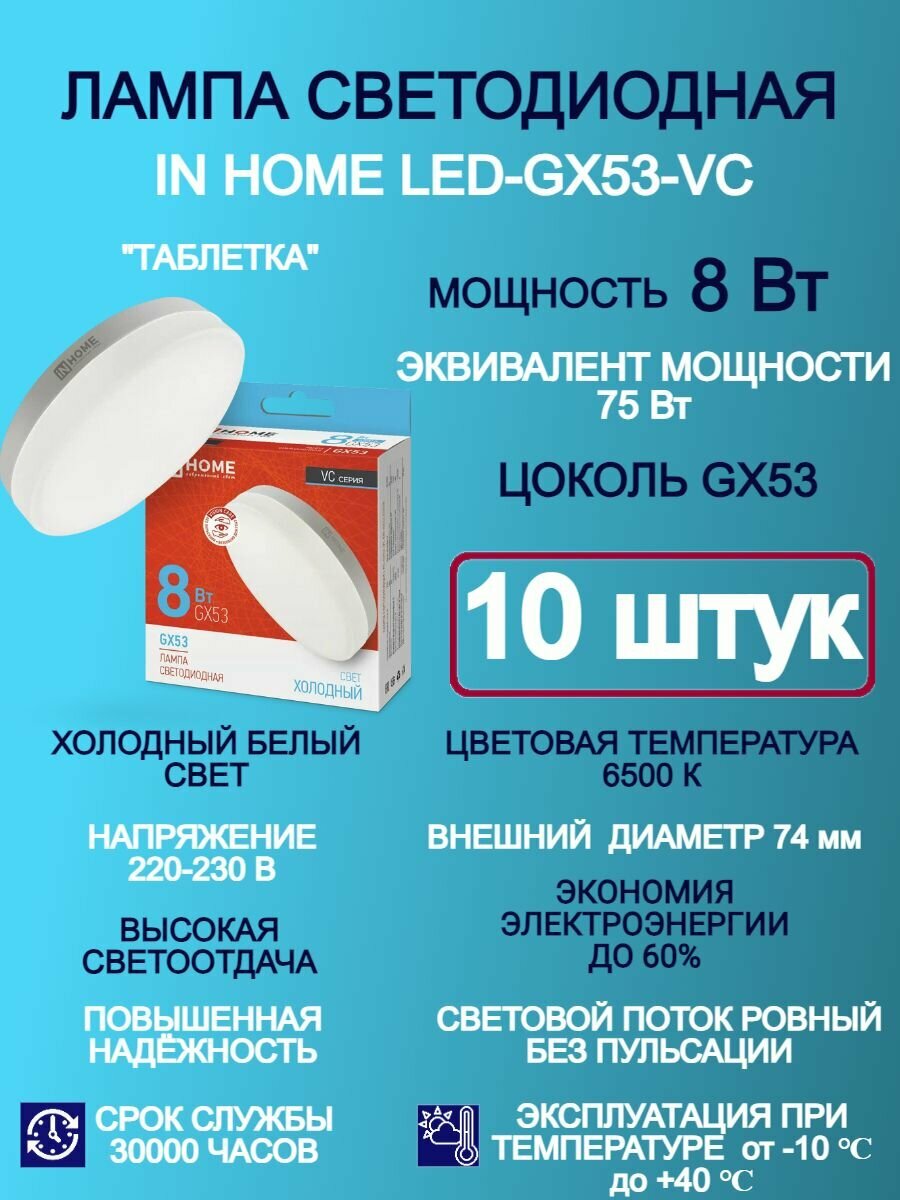 Светодиодная лампа InHome GX53 8 Вт. 6500K (10 шт.)