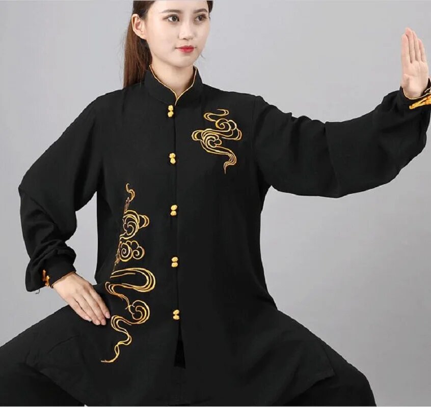 Женские костюмы Тай Чи из хлопка М, Черный, черный