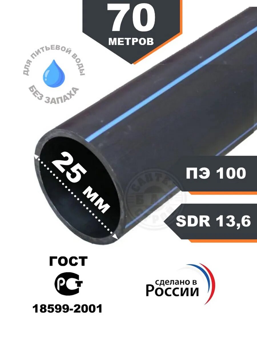 ПНД труба водопроводная, для холодной воды, питьевая, толщина стенки 2мм, 25мм х 70м