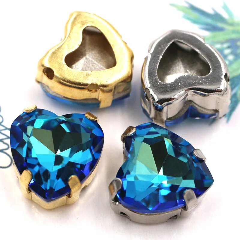 Стеклянные стразы-кристаллы сердце 8/10/12/14 мм Sliver Claw, Бирюзовый, 12mm 10pcs, Blue Light