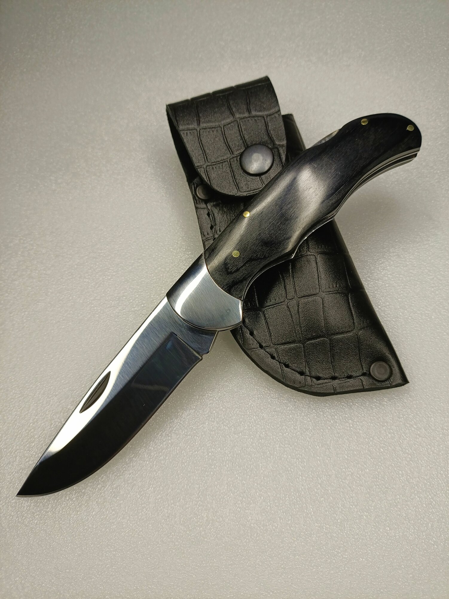 Нож складной Байкал Чёрный Граб сталь 65x13 длина 21см ручная работа ножны натуральная кожа в комплекте