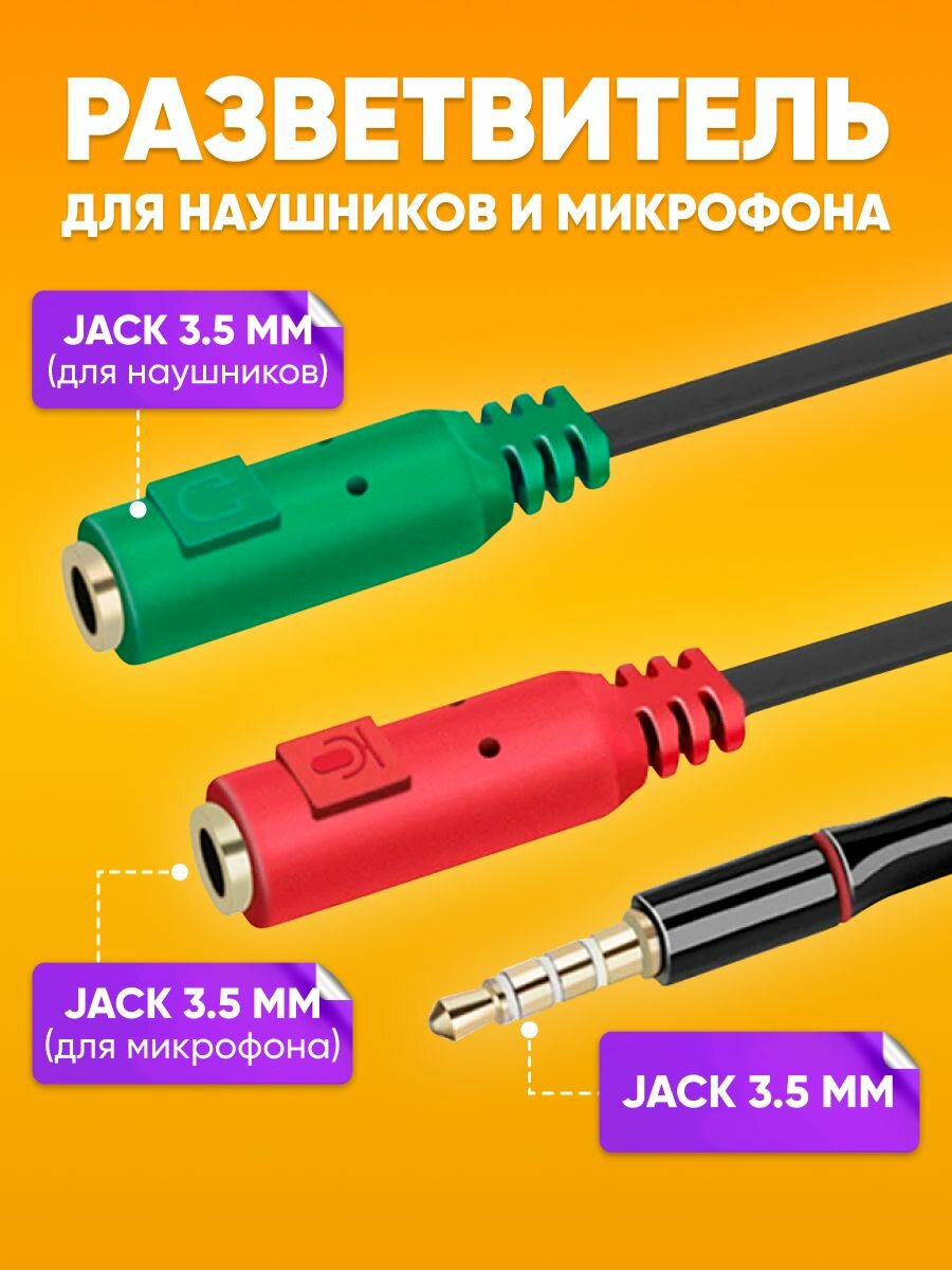 Кабель разветвитель Jack 3.5 mm (штекер) - 2х AUX jack 3.5 (гнездо) мм, 20см / Переходник адаптер с мини Джек 3.5 на 2х аукс джек 3.5 мм, черный / Аудиоадаптер аудиокабель шнур AUX