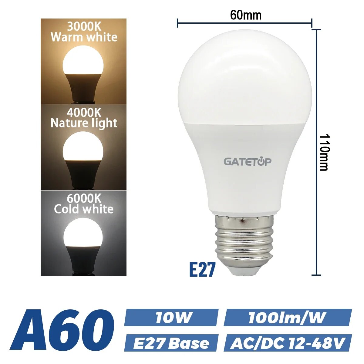 Светодиодная лампа Gatetop 12В 24В 48В E27 B22 10W E27, 2pcs, Natural light 4000K